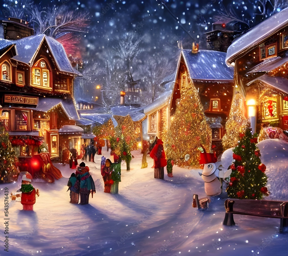 The winter christmas village is covered in a blanket of snow. The ...