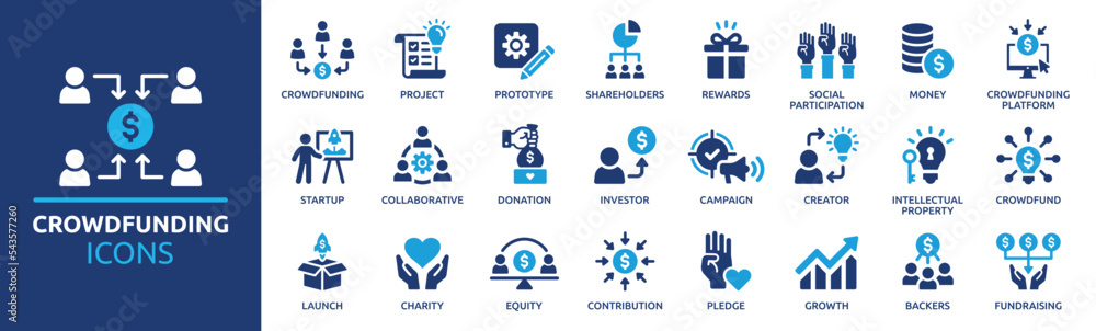Crowdfunding investment icon set. Donation and charity icons. Business ...