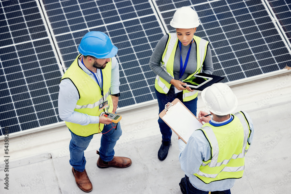 Top view, engineer teamwork and planning of solar panel maintenance ...