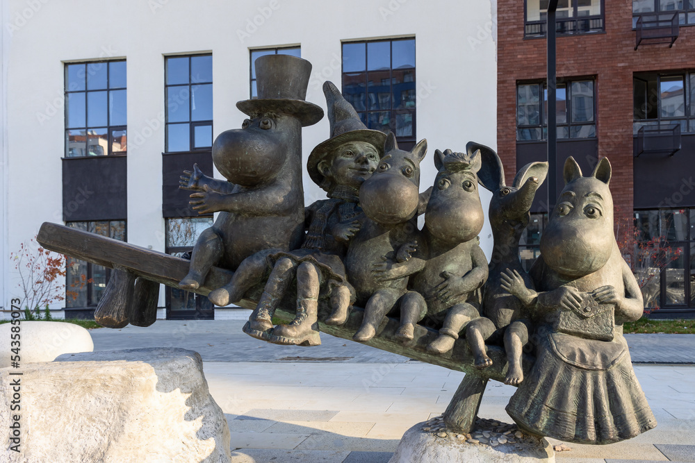 Moomins (mummy trolls) on the bench sculpture from classic children's ...