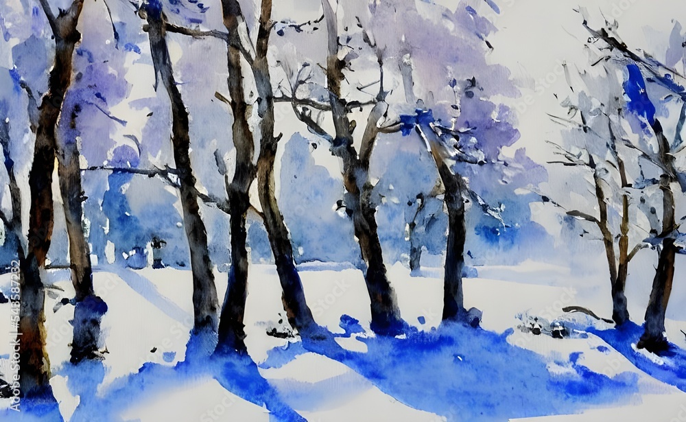 The watercolor winter forest is a beautiful and peaceful scene. The ...