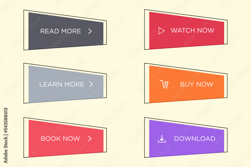 Modern trendy flat button vector set. Different color of main shape and ...