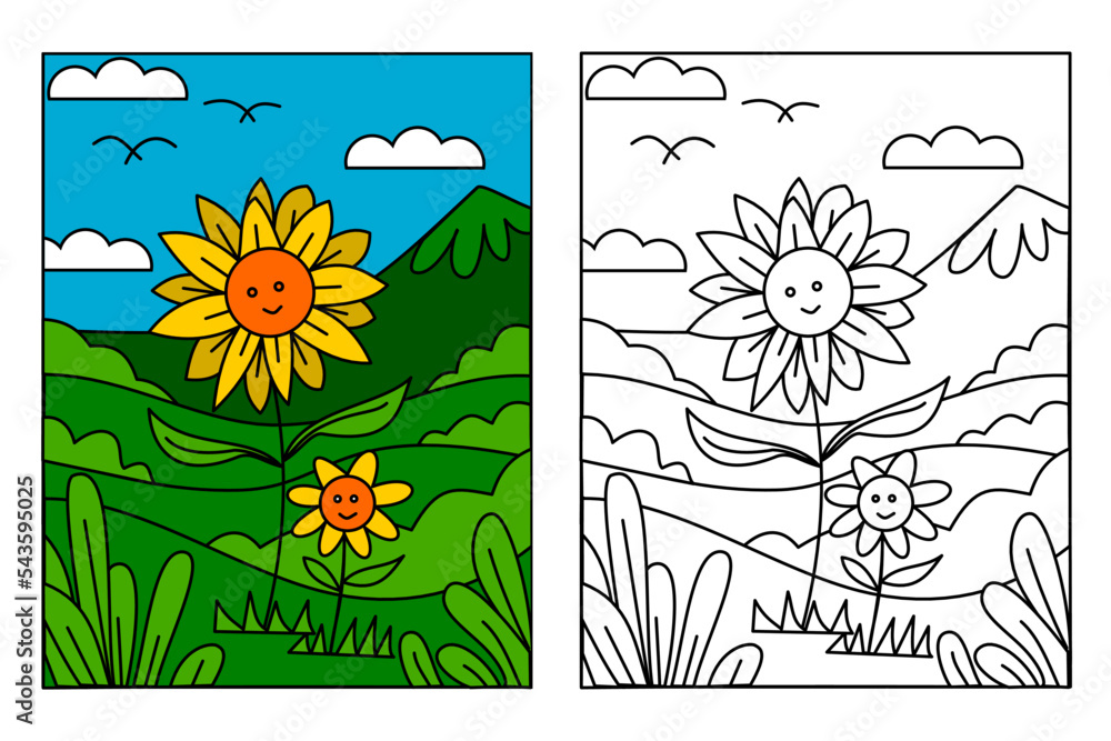 Cute sunflower in beautiful landscape coloring page for kids drawing ...