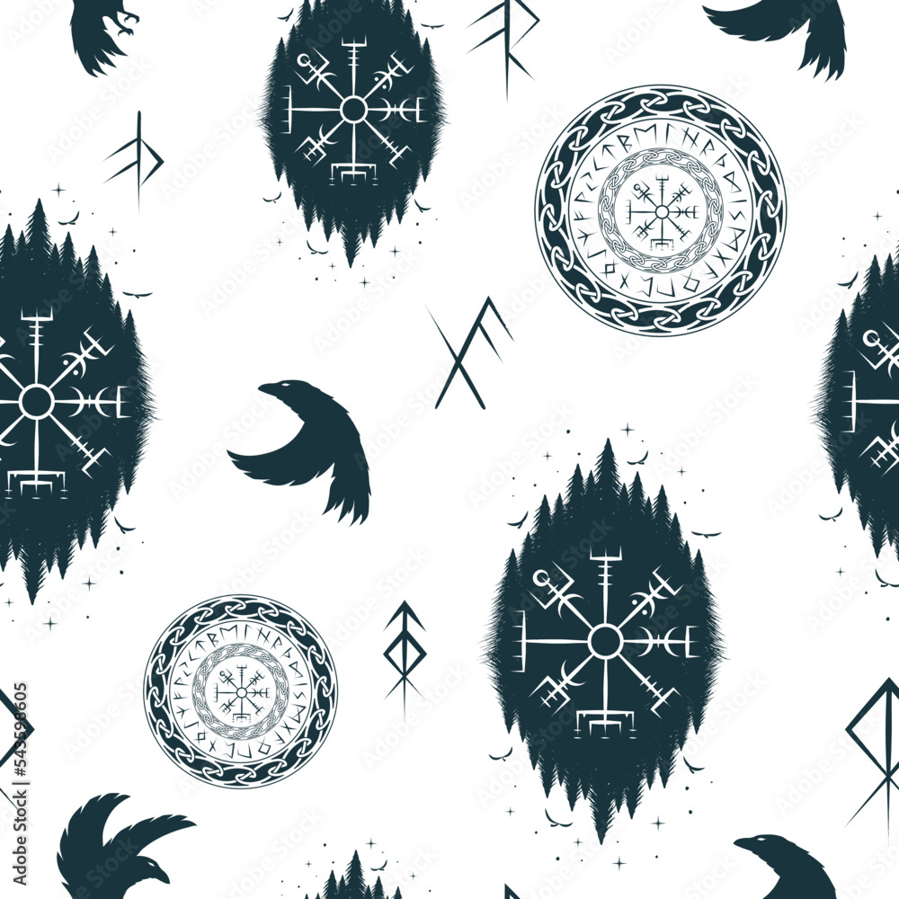 Scandinavian signs vegvisir and aegishjalmur seamless pattern. Hand ...