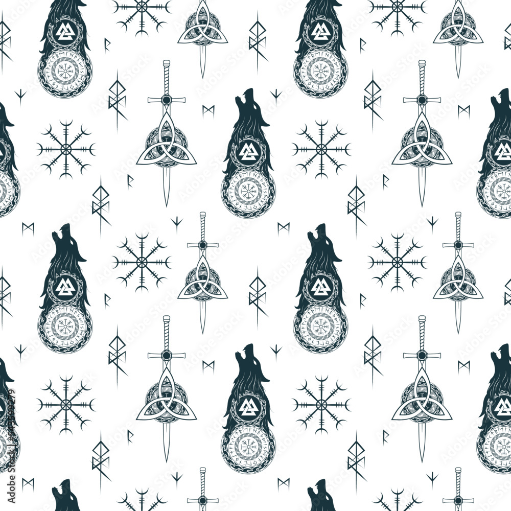 Viking symbols and runes on black background. Gothic seamless texture ...