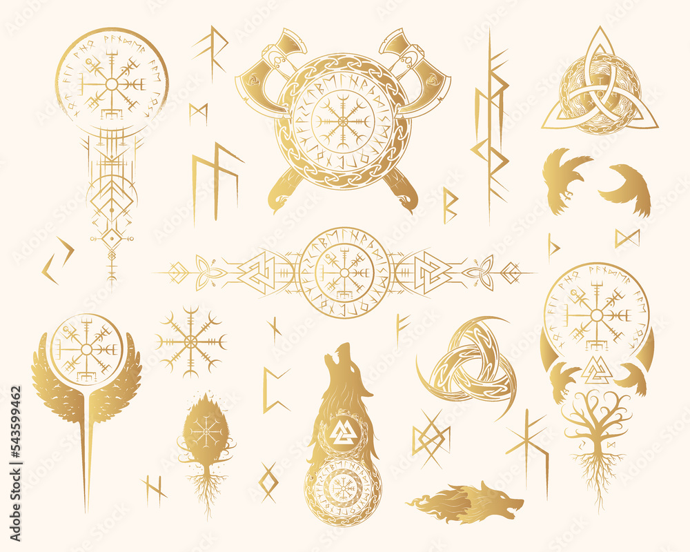 Viking runes and symbols golden collection.Hand drawn isolated set of ...