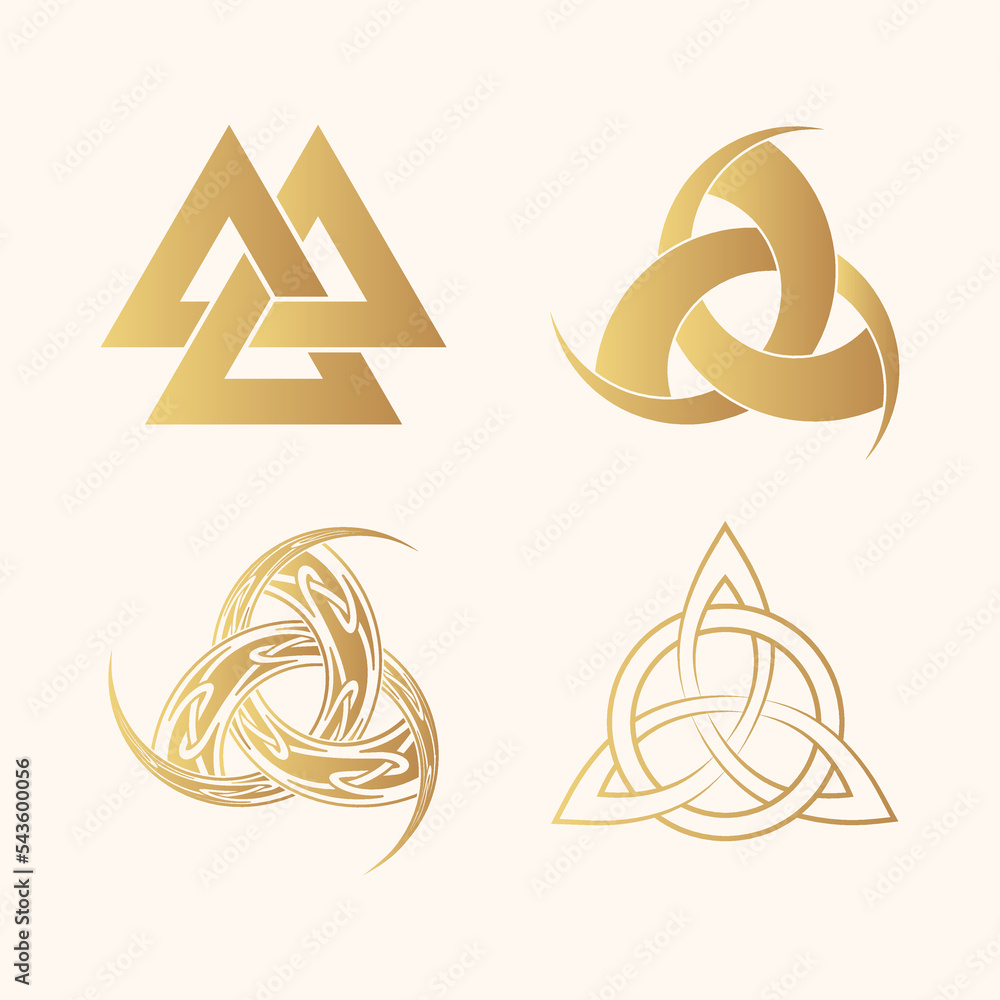 Four Viking symbols. Golden icons of valknut, triquetra, skaldenment ...