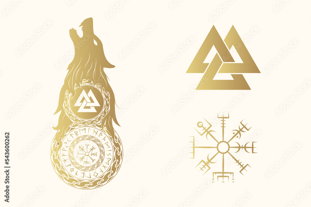 Golden Viking symbols. Three icons of vegvisir, valknut and giant wolf ...