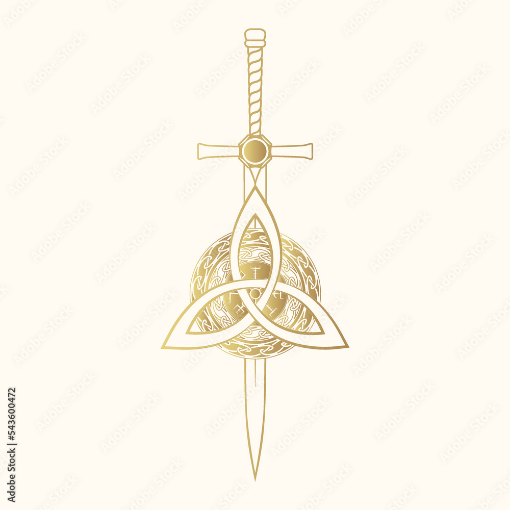 Golden Viking symbols vegvisir, triquetra and celtic sword ...