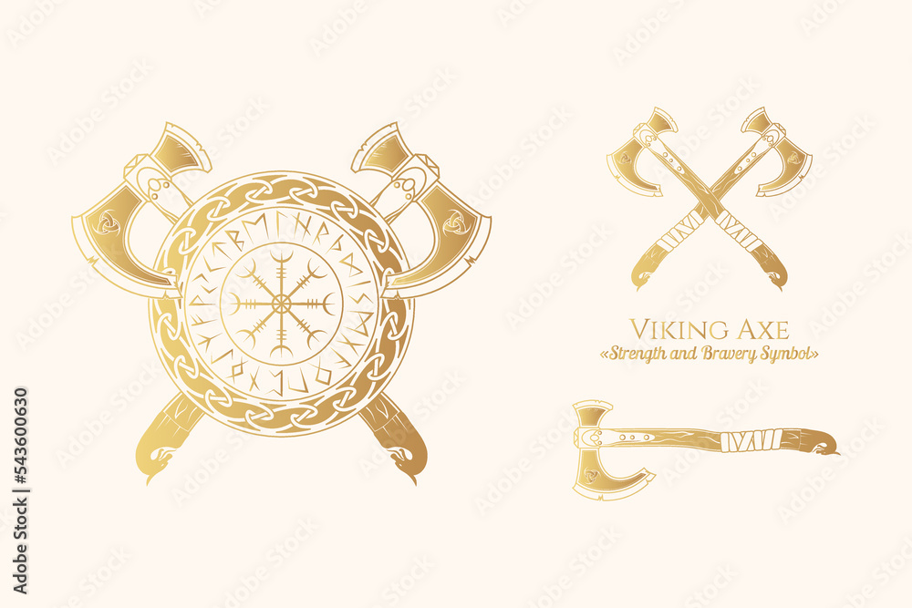 Golden viking strength and bravery symbols. Crossed axes and Vegvisir ...