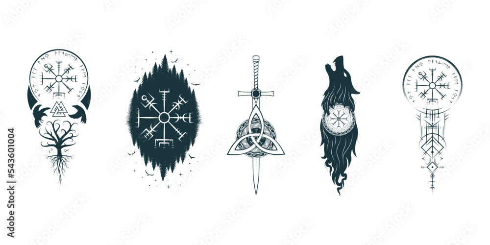 Viking symbols isolated set. Hand drawn collection of pagan norse sign ...