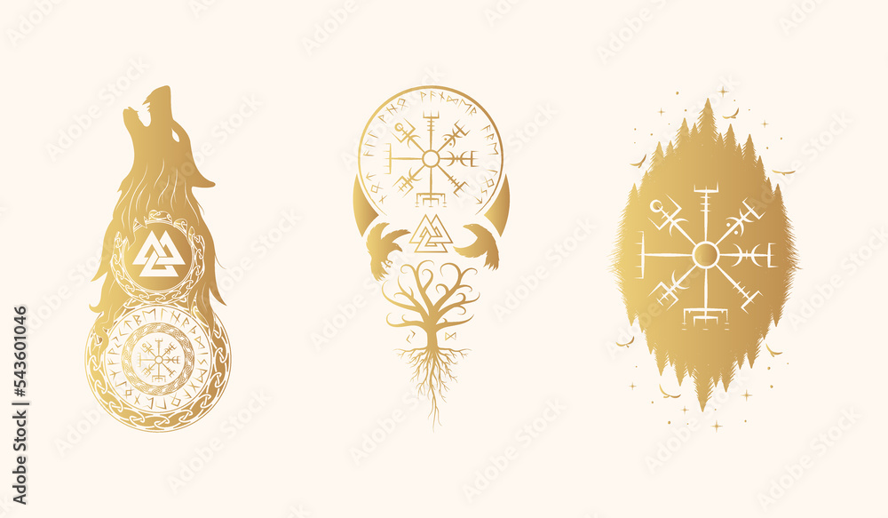 Viking symbols isolated set. Golden collection of celtic signs vegvisir ...
