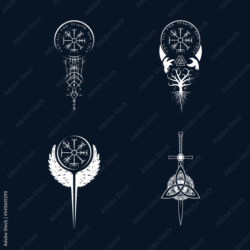 Viking symbols isolated set. Hand drawn collection of pagan norse sign ...