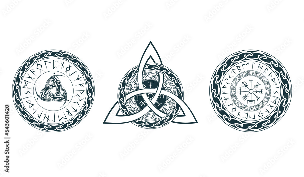 Viking symbols set. Three isolated icons of pagan norse sign vegvisir ...