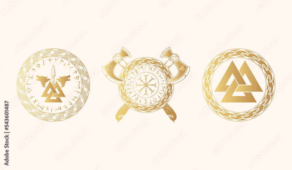 Viking symbols collection. Isolated set of three golden pagan norse ...