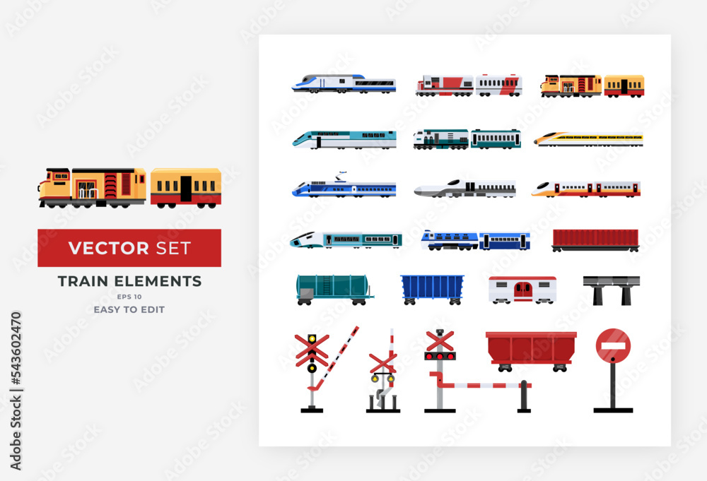Train elements set vector illustration. Collection of various trains ...