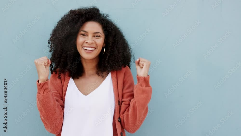Success excited, black woman winning and celebrate achievement against ...