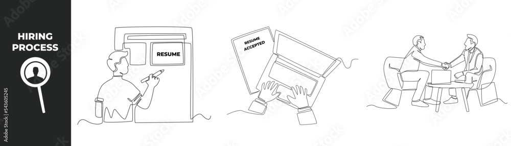 Continuous one line drawing process hiring set concept. Candidate ...
