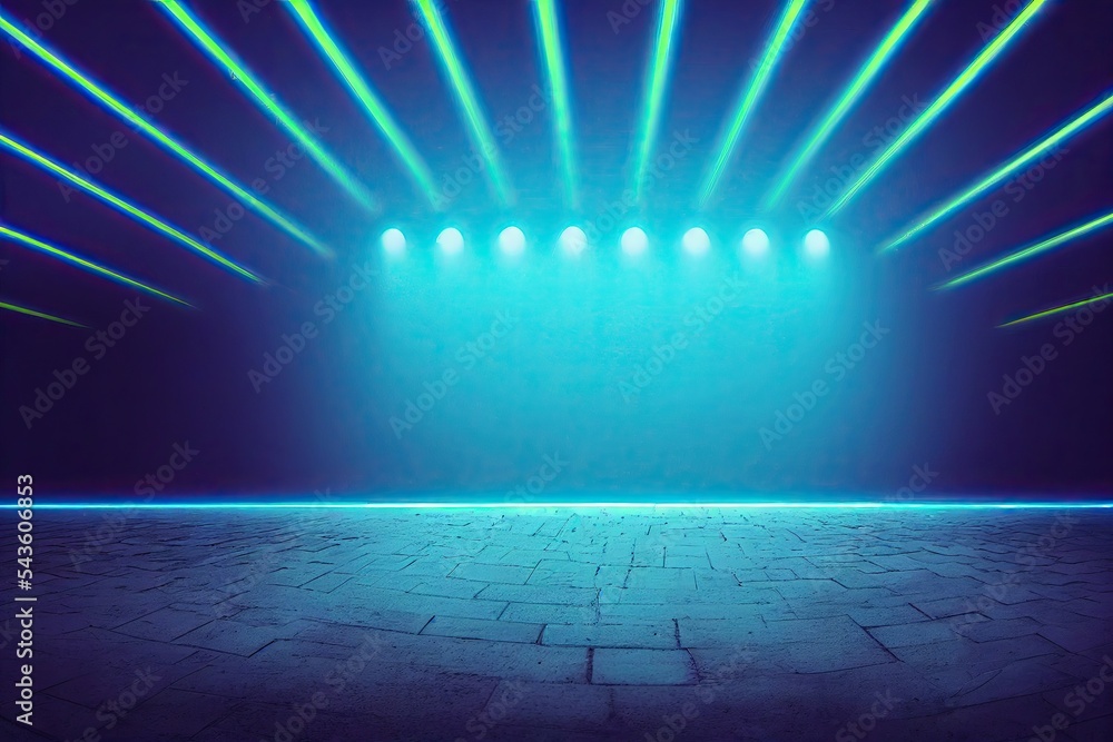 Empty stage room product display stage background, blue neon lights and ...