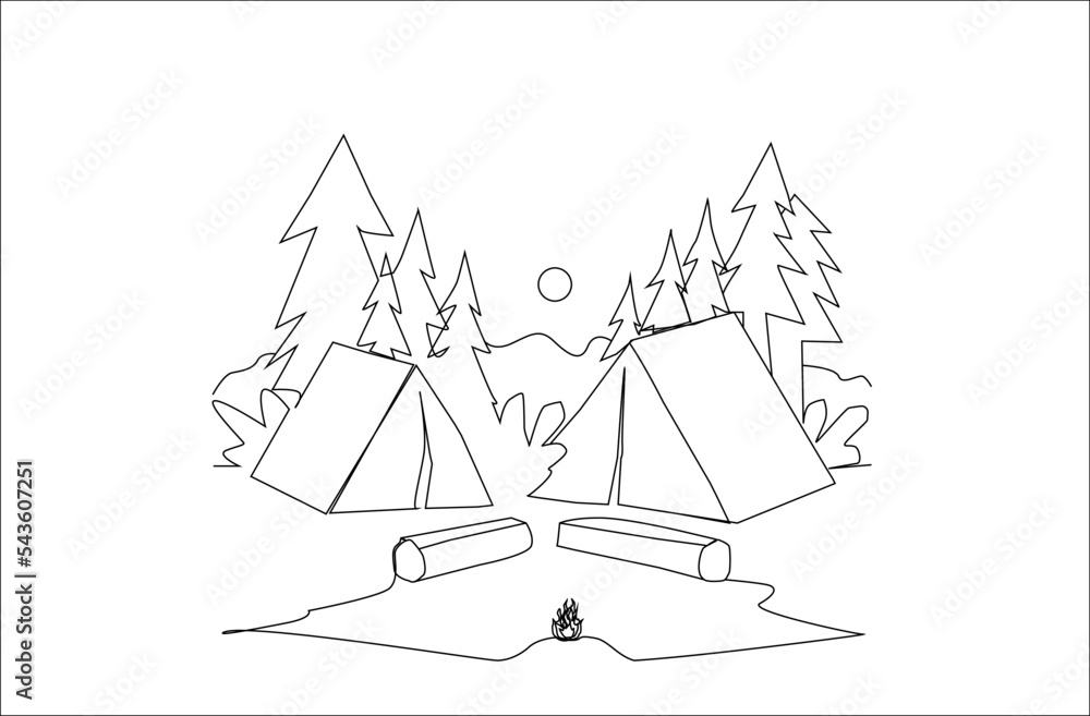 camping campfire in forest in nature line drawing nobody line drawing ...