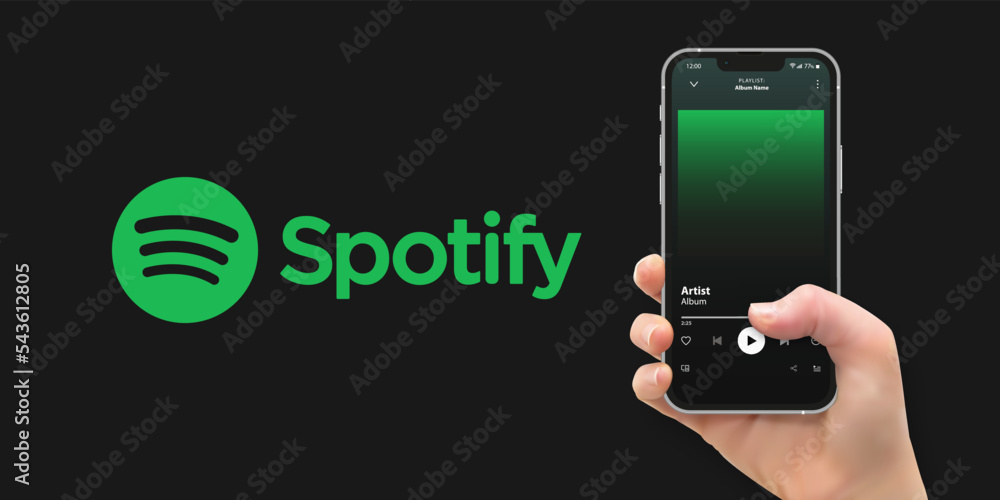 Woman hand holding the smartphone with Spotify player mockup, social ...