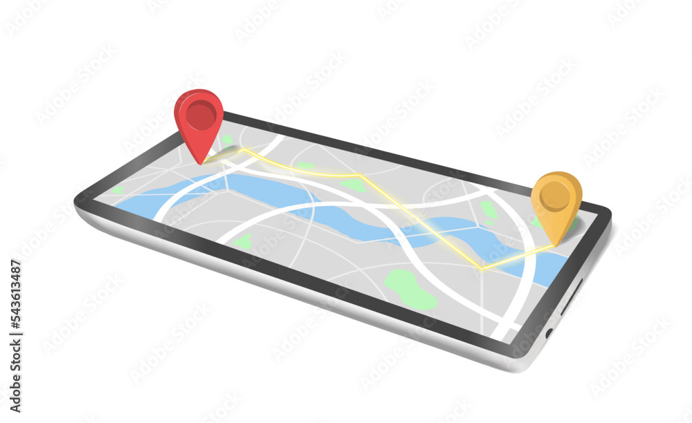 City map in the device with the route. Map with marks. Online tracking ...