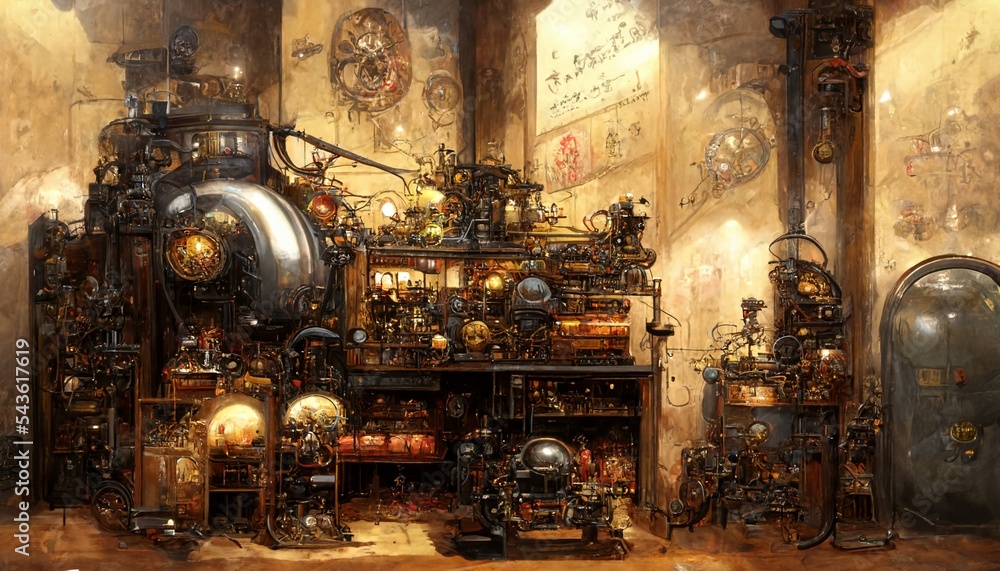 Steampunk machine room, Space full of complex machines and detailed ...