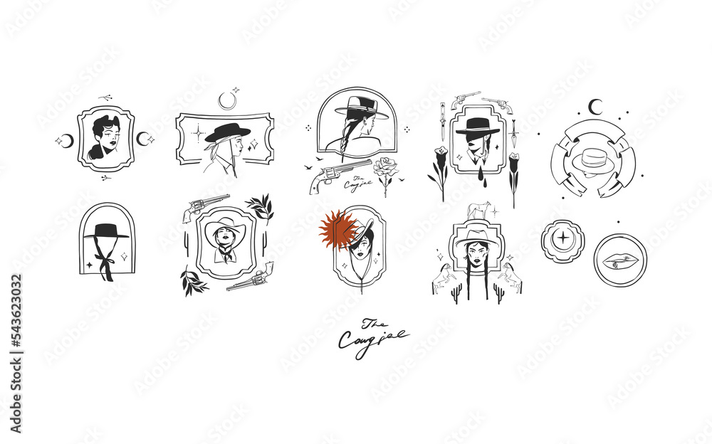 Hand drawn abstract vector graphic clipart illustration cowgirl in hat ...