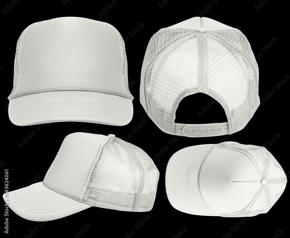 3d hat mockup template top, bottom, front, back white color isolation on black background Stock ...