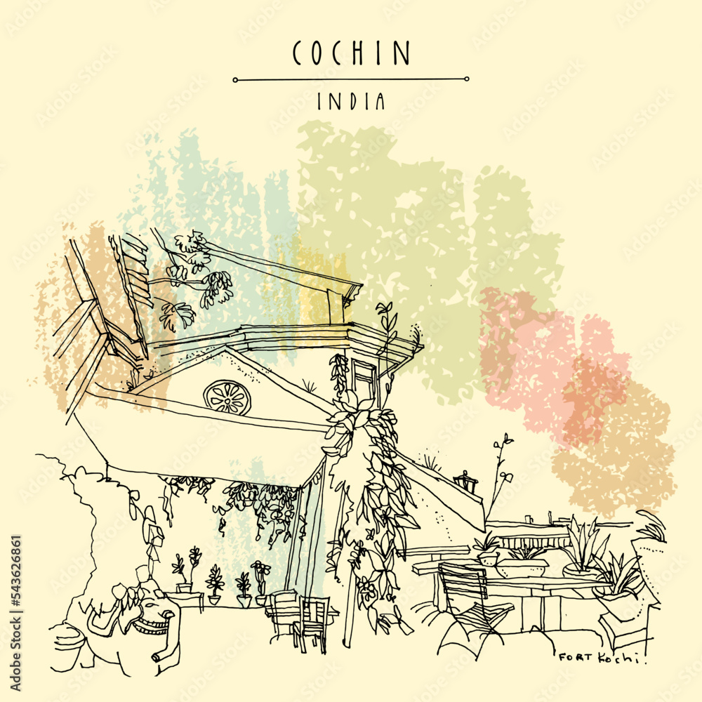 Vector Cochin (Kochi), Kerala, South India postcard. Seaside cozy cafe ...