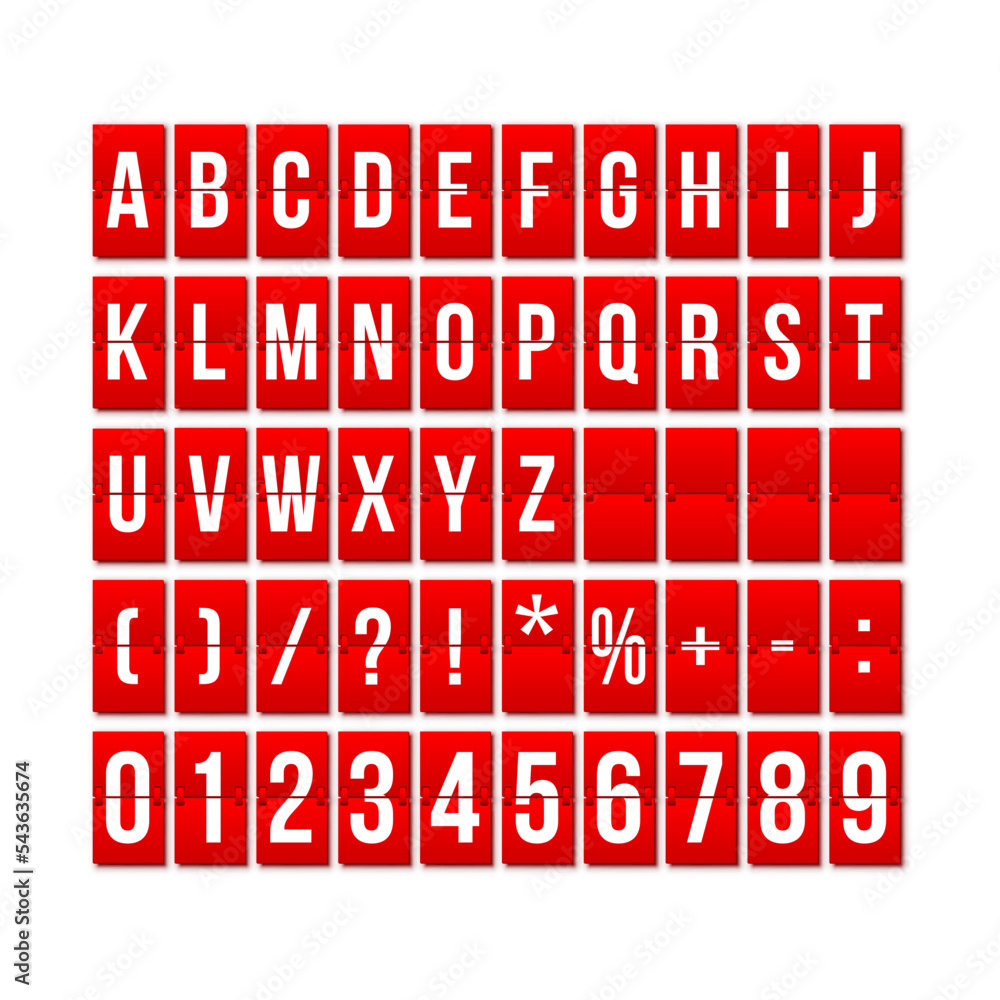 Flip alphabet letters, numbers and signs vector illustration. Realistic ...