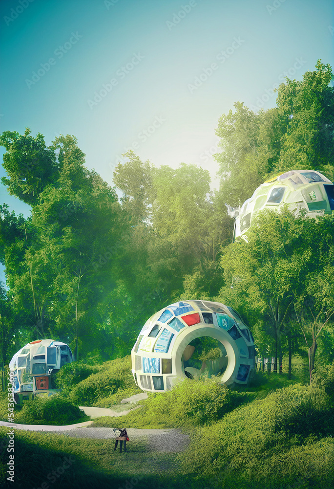 3d illustration of the eco house of the future made of recycled garbage ...