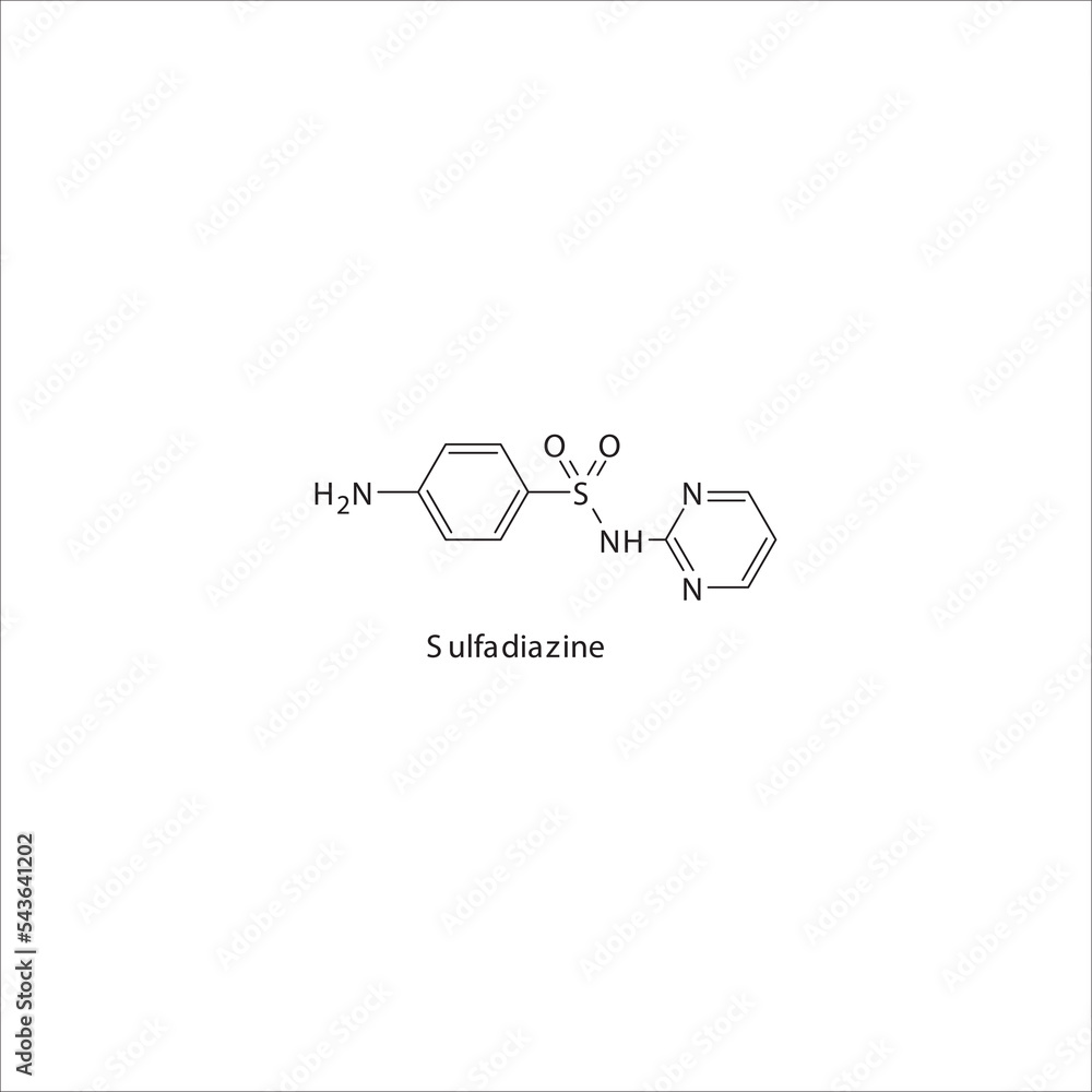 Sulfadiazine flat skeletal molecular structure Sulfonamide antibiotic ...