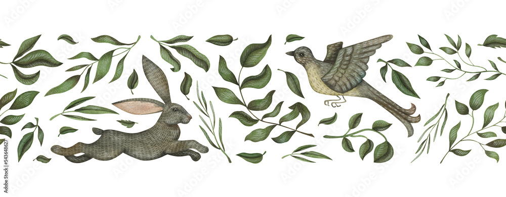 Watercolor seamless border with vintage bird, rabbit and foliage ...