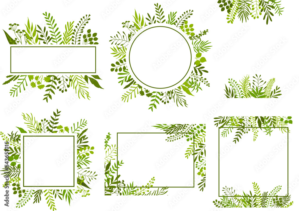 set of organic greenery frames and borders, round and rectangle headers ...