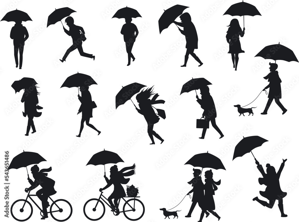 people silhouettes with umbrellas, isolated vector illustration Stock ...