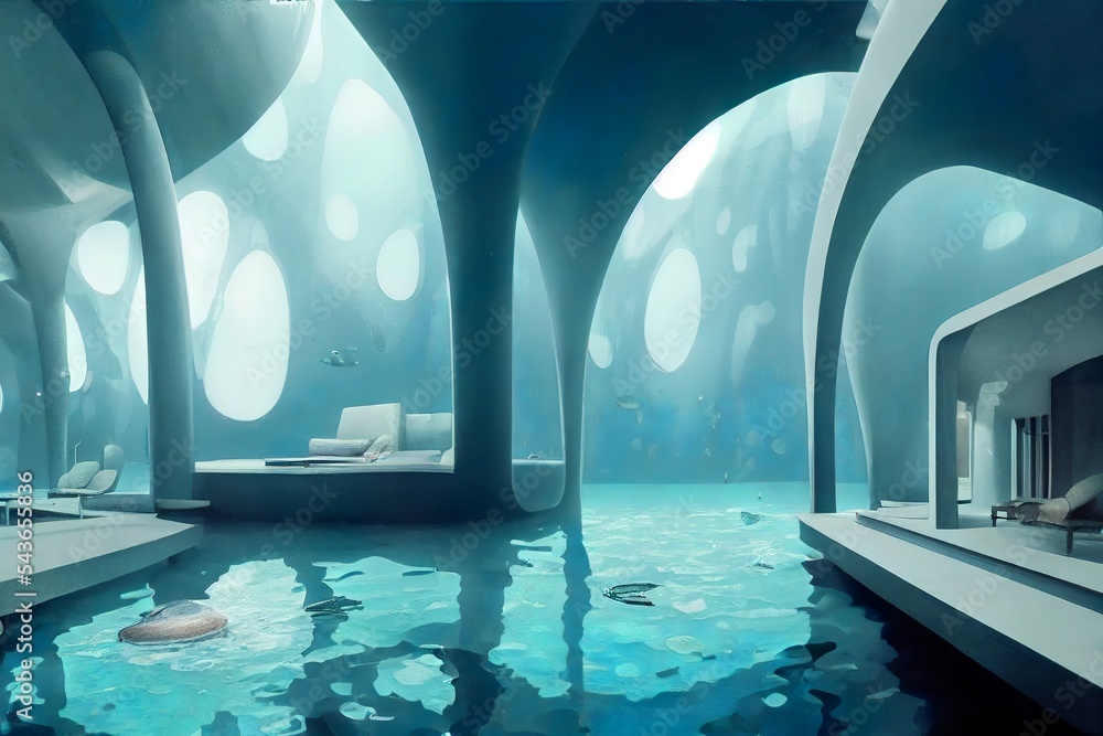 Futuristic sci-fi alien Underwater sea resort aquatic facility Stock ...