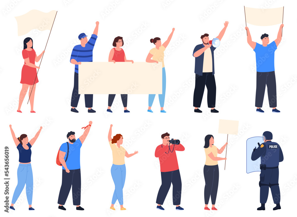 Crowd of opposing people taking part in a protest rally with flags and ...