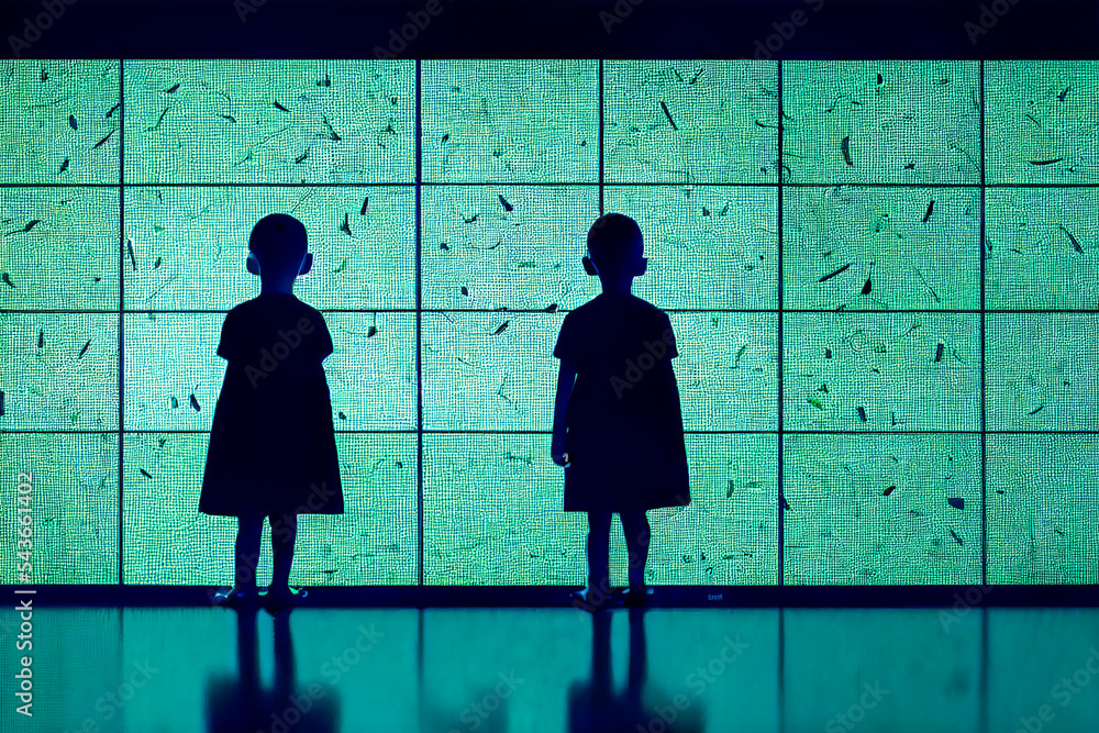 Silhouette of child disturbed by green TV screens, the important flow ...