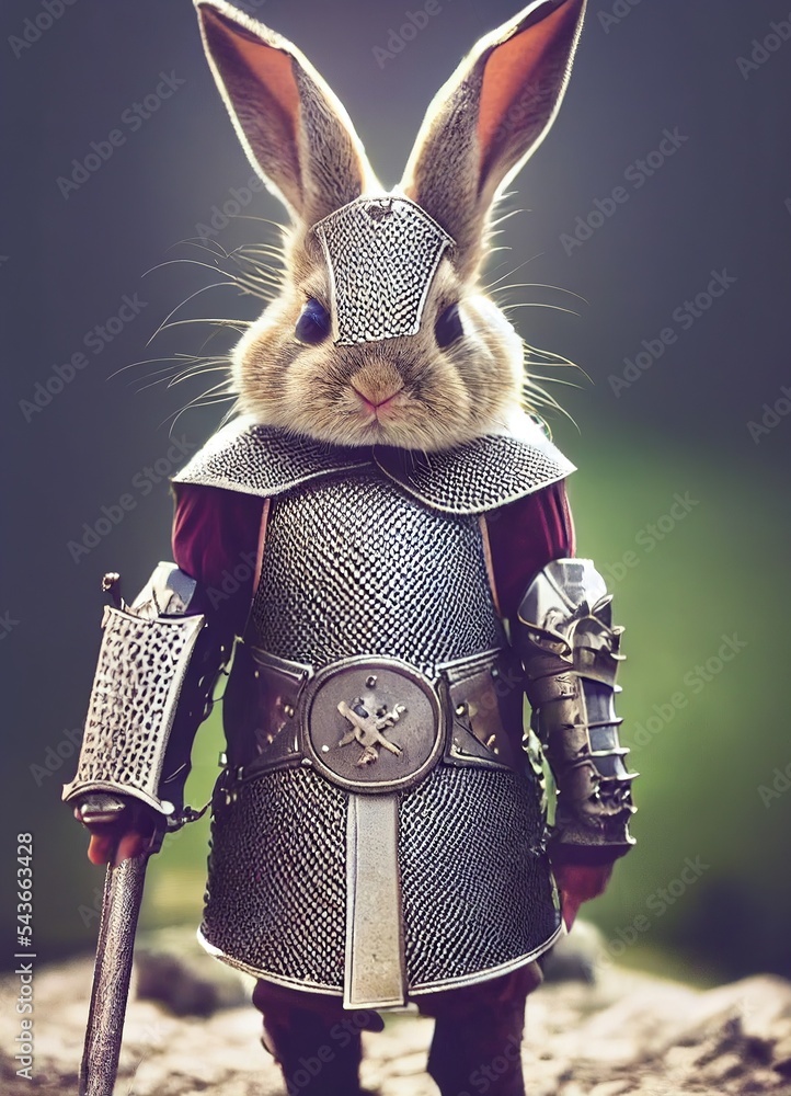 Spectacular battle-ready rabbit knight in medieval portrait. Digital ...