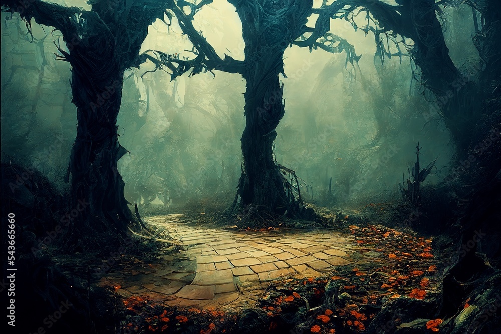 Spectacular pathway in the deep enchanted forest, misty environment ...
