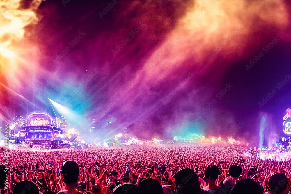 Crowd of people in music festival at spectacular night concert 3D ...