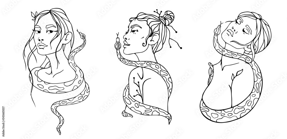 Vetor de A set of sketches of portraits of young, beautiful girls with ...