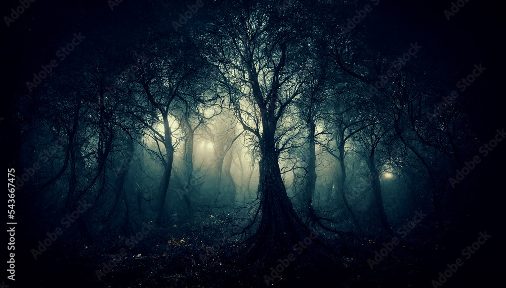 Dark scary forest cursed by witch spell spectacular 3D illustration for ...