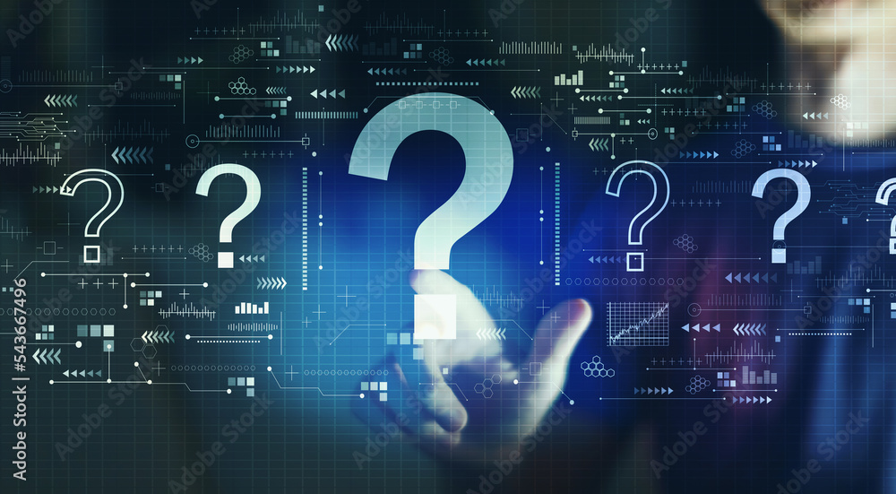 Question marks with young man touching a digital screen at night foto ...