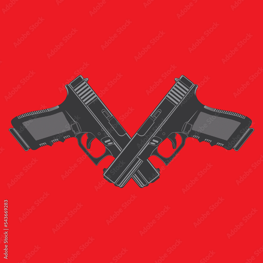Vector illustration of two crossed pistols in black on a red background ...