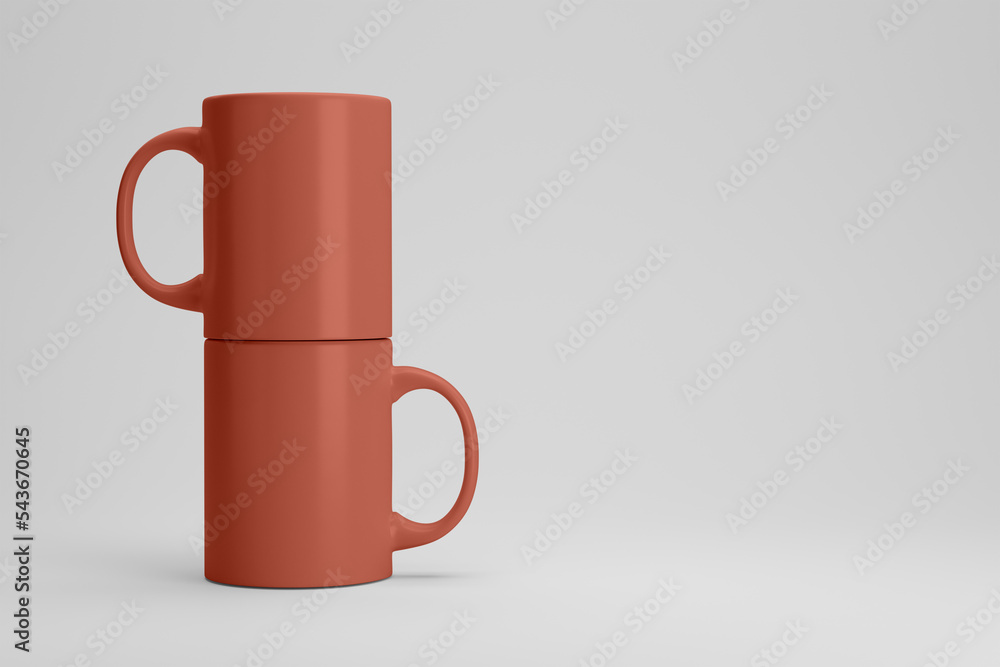Classic red mugs mockup set from different angles. 3d illustration of ...