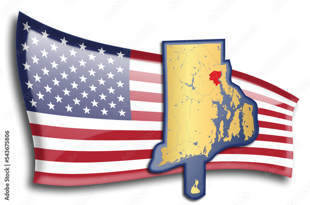 U.S. states - map of Rhode Island against an American flag. Rivers and ...