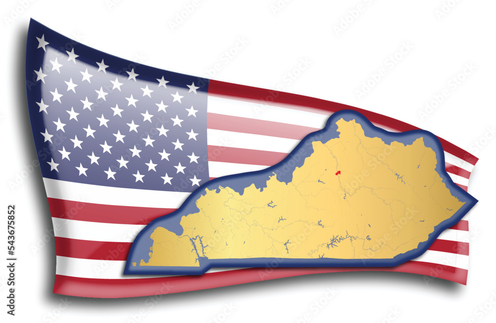 U.S. states - map of Kentucky against an American flag. Rivers and ...