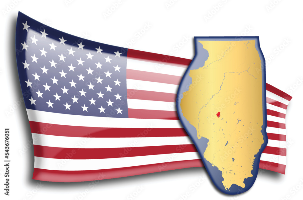U.S. states - map of Illinois against an American flag. Rivers and ...